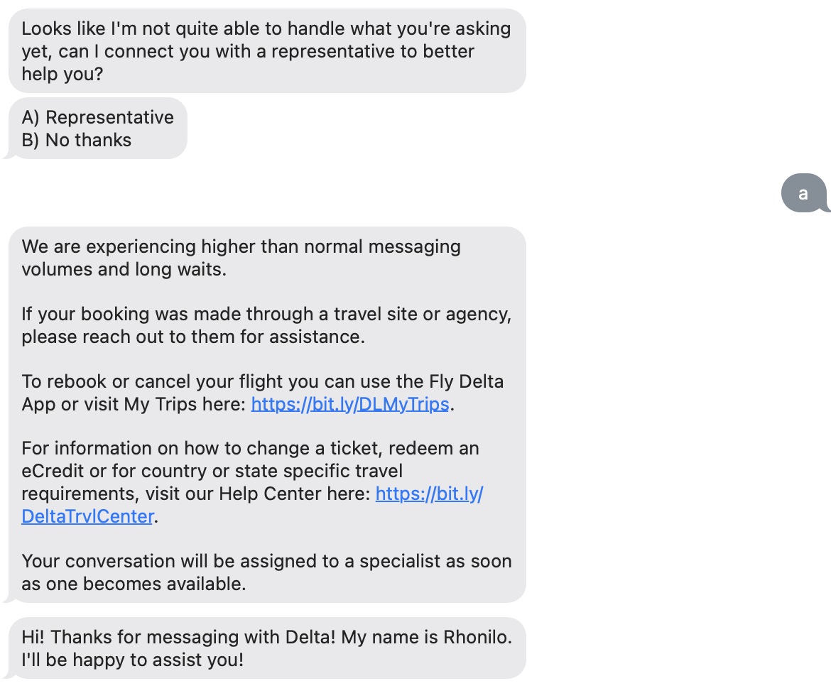 My First Encounter With Delta's New Customer Service Via Messaging App ...